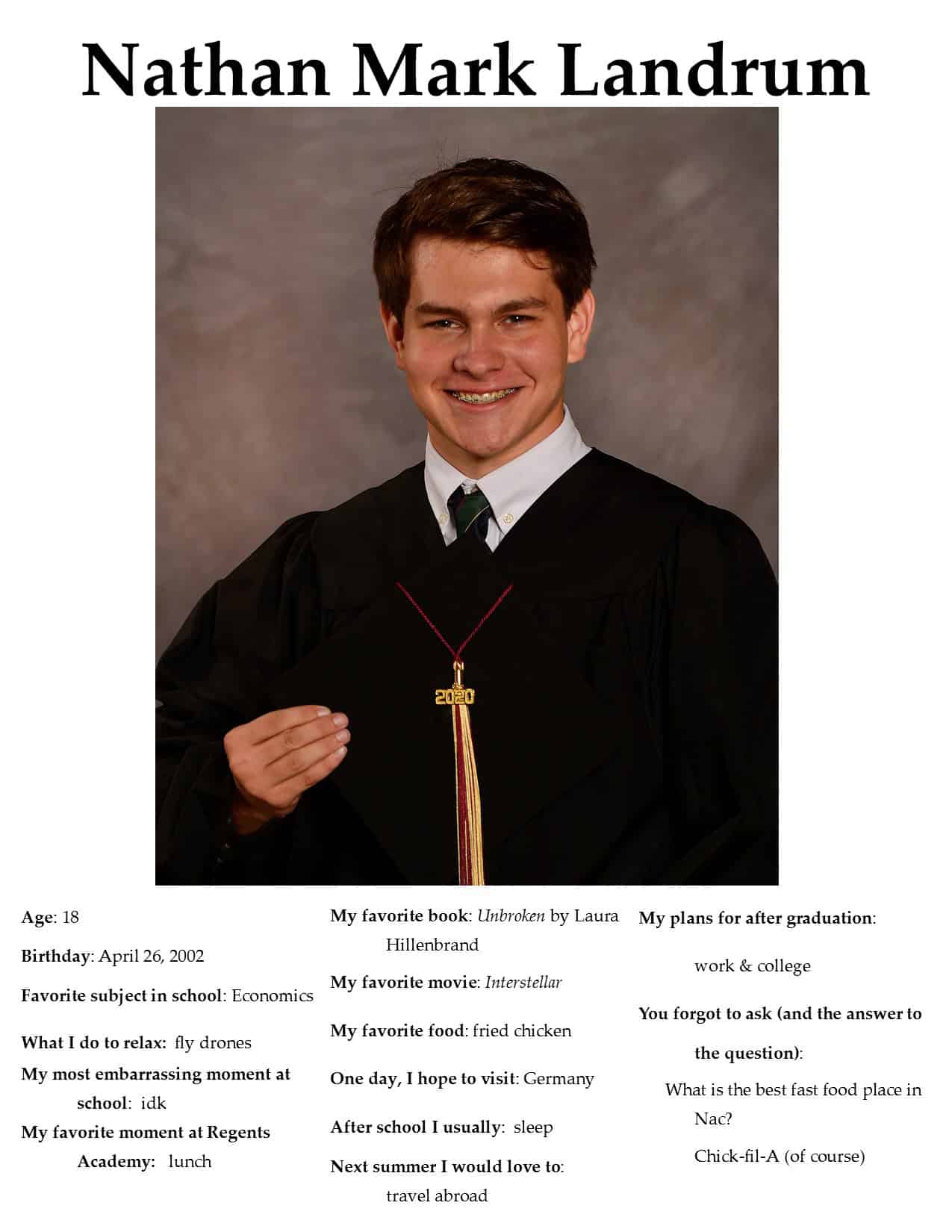 Celebrating the Class of 2020: Nathan Landrum - Regents Academy