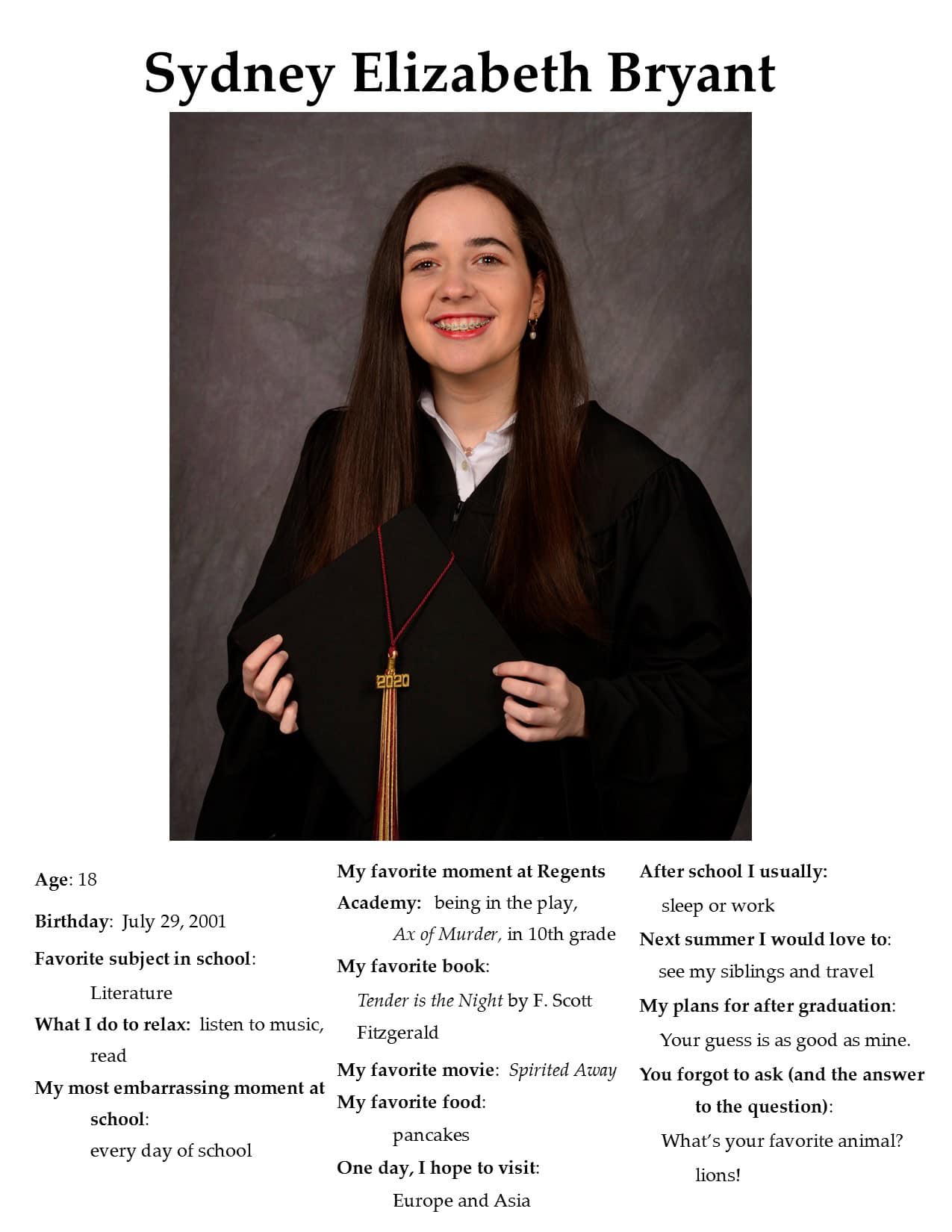 Celebrating the Class of 2020: Sydney Bryant - Regents Academy