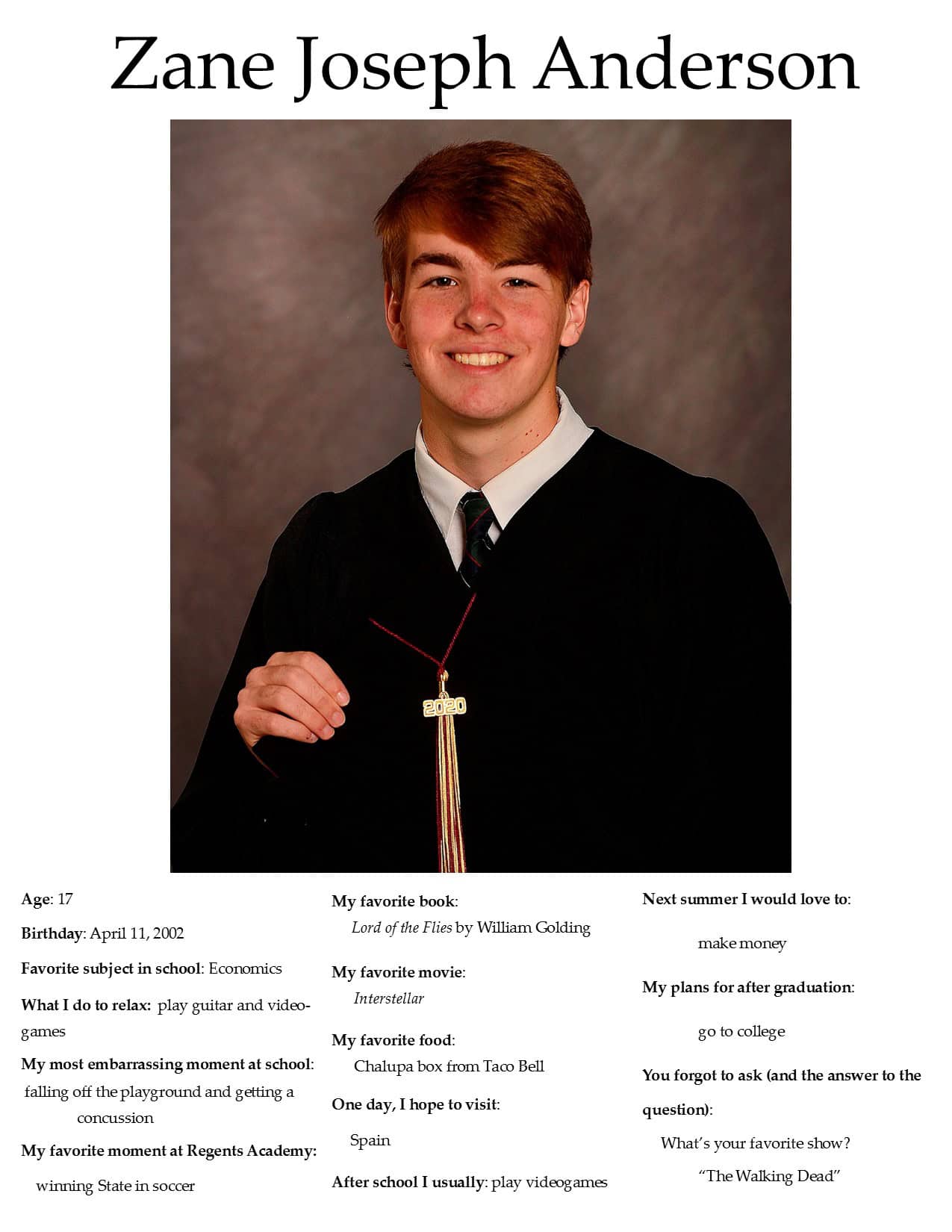 Celebrating the Class of 2020: Zane Anderson - Regents Academy